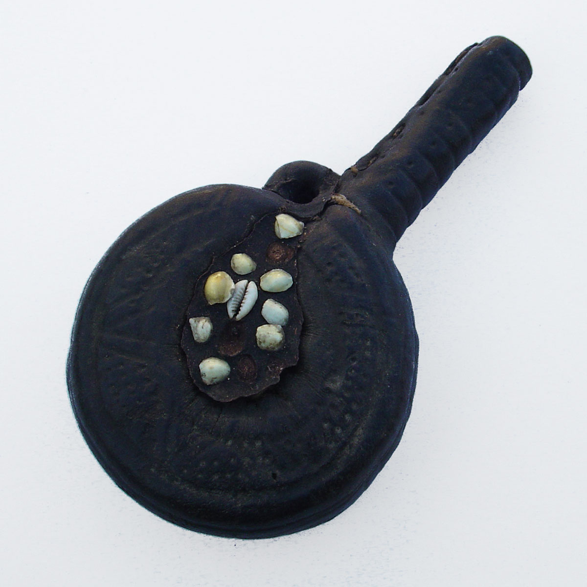 POWDER FLASK Leather with Cory shell decoration, from North Africa or ...